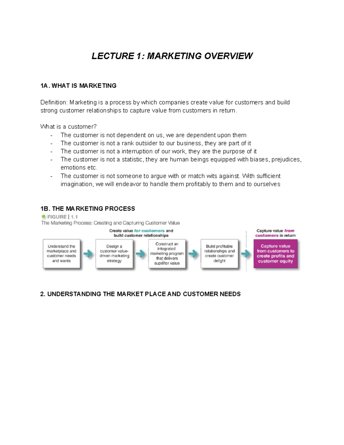 BU5501 Lecture 1 - notes - LECTURE 1: MARKETING OVERVIEW 1A. WHAT IS ...