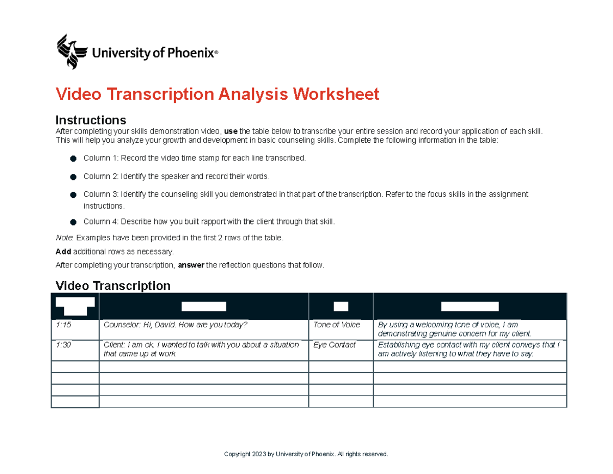 Video transcription worksheet - Video Transcription Analysis Worksheet ...
