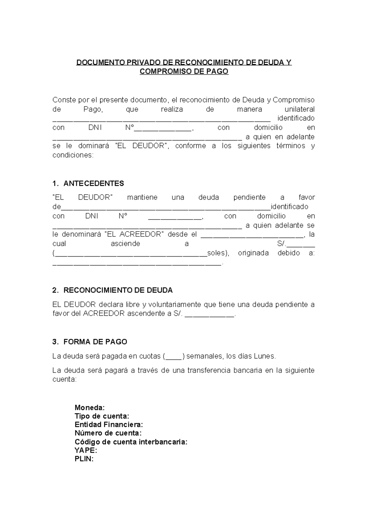 Reconocimiento DE Deuda Y Compromiso DE PAGO - DOCUMENTO PRIVADO DE ...