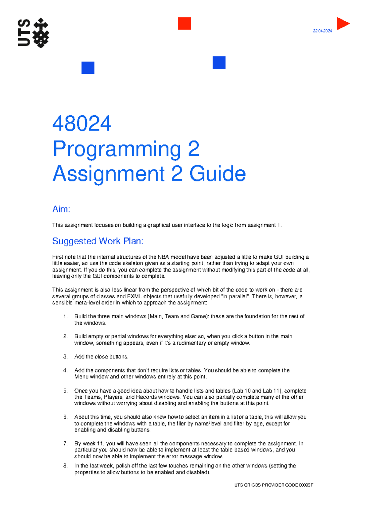 Assignment 2 Guide Nbafx - 22 .04 4 UTS CRICOS PROVIDER CODE 00099F 48024 Programming 2 ...