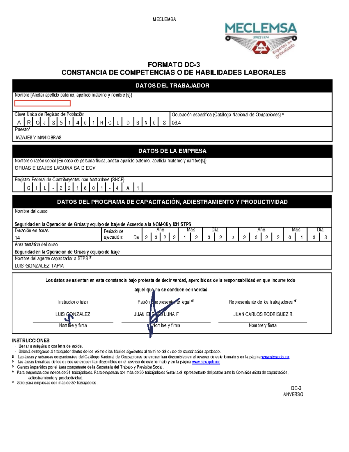 Dc-3 - documento dc-3 - DC- 3 ANVERSO MECLEMSA FORMATO DC- 3 CONSTANCIA ...