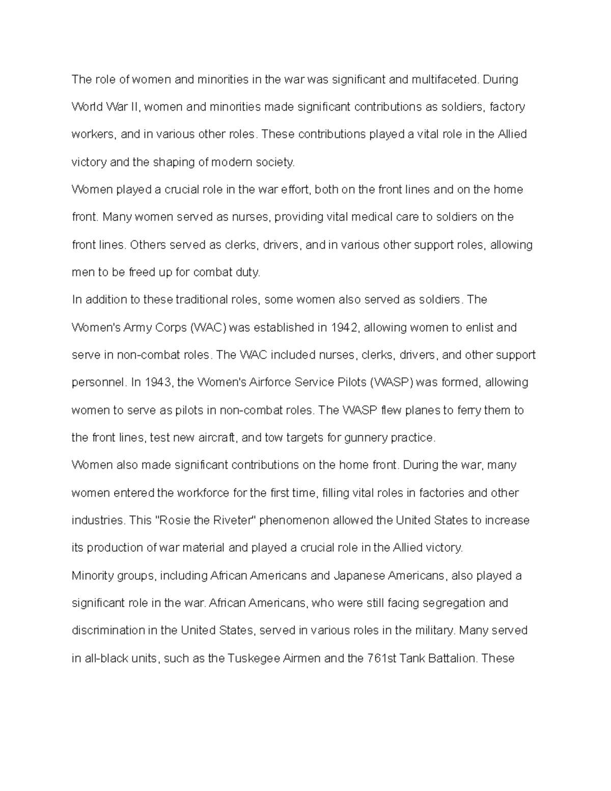 The role of women and minorities in the war, including the ...