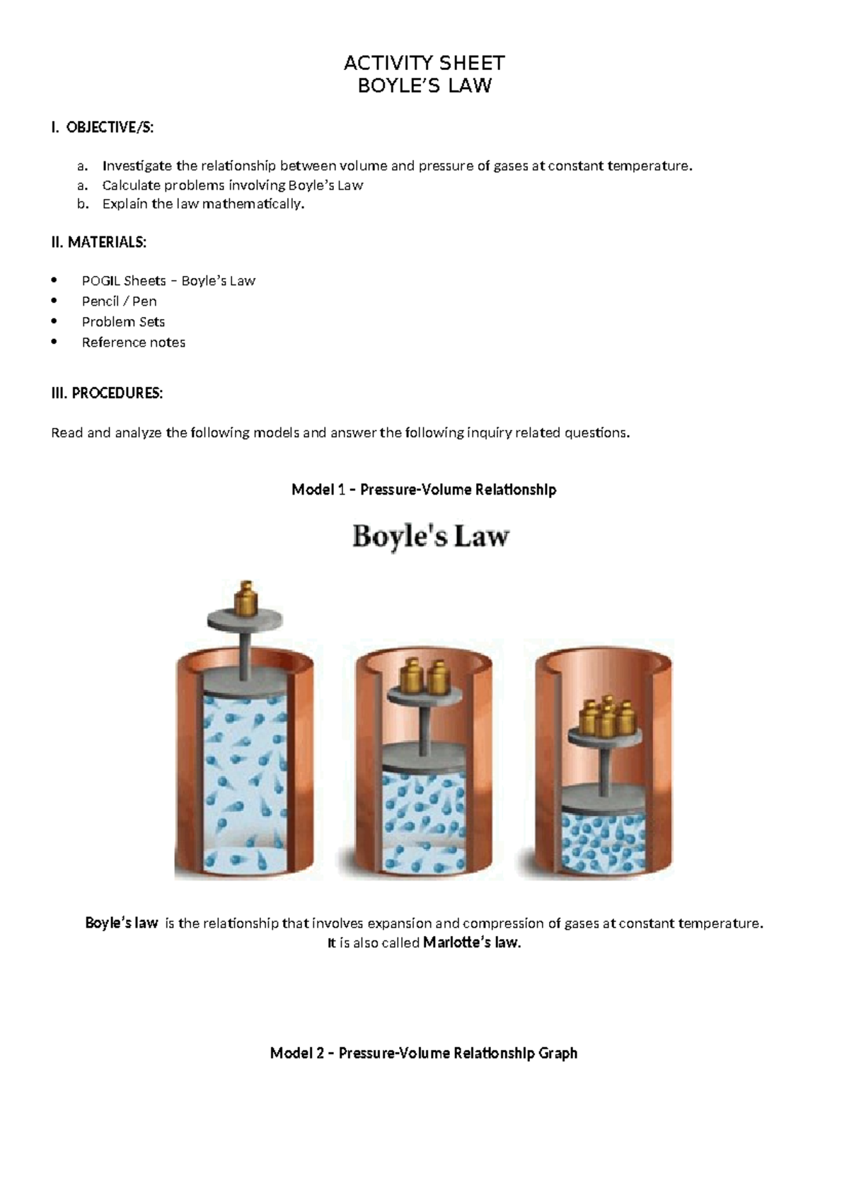 Worksheet about Boyles law - ACTIVITY SHEET BOYLE’S LAW I. OBJECTIVE/S ...