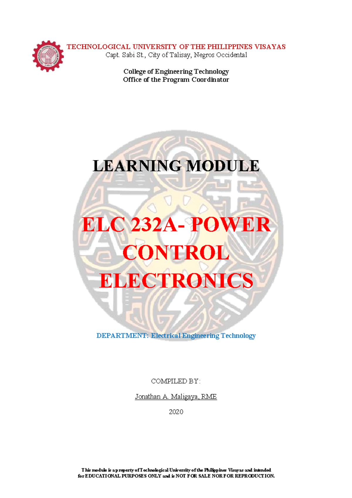 ELC 232 Power Control Electronics Week 13 - i This module is a property ...