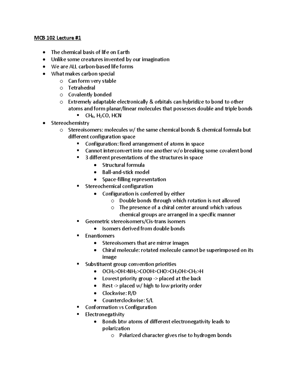 Note Lecture 1&2 - MCB 102 Lecture # The chemical basis of life on ...