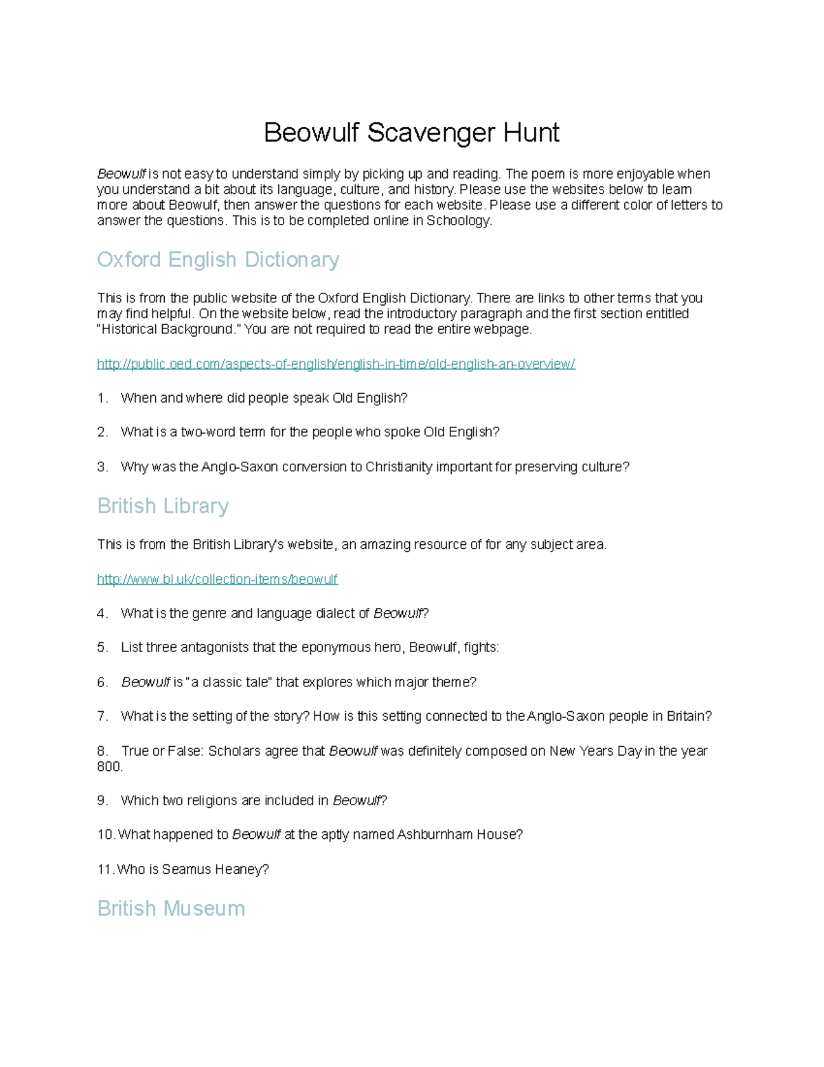 Beowulf Scavenger Hunt 2022 5 - Beowulf Scavenger Hunt Beowulf you ...