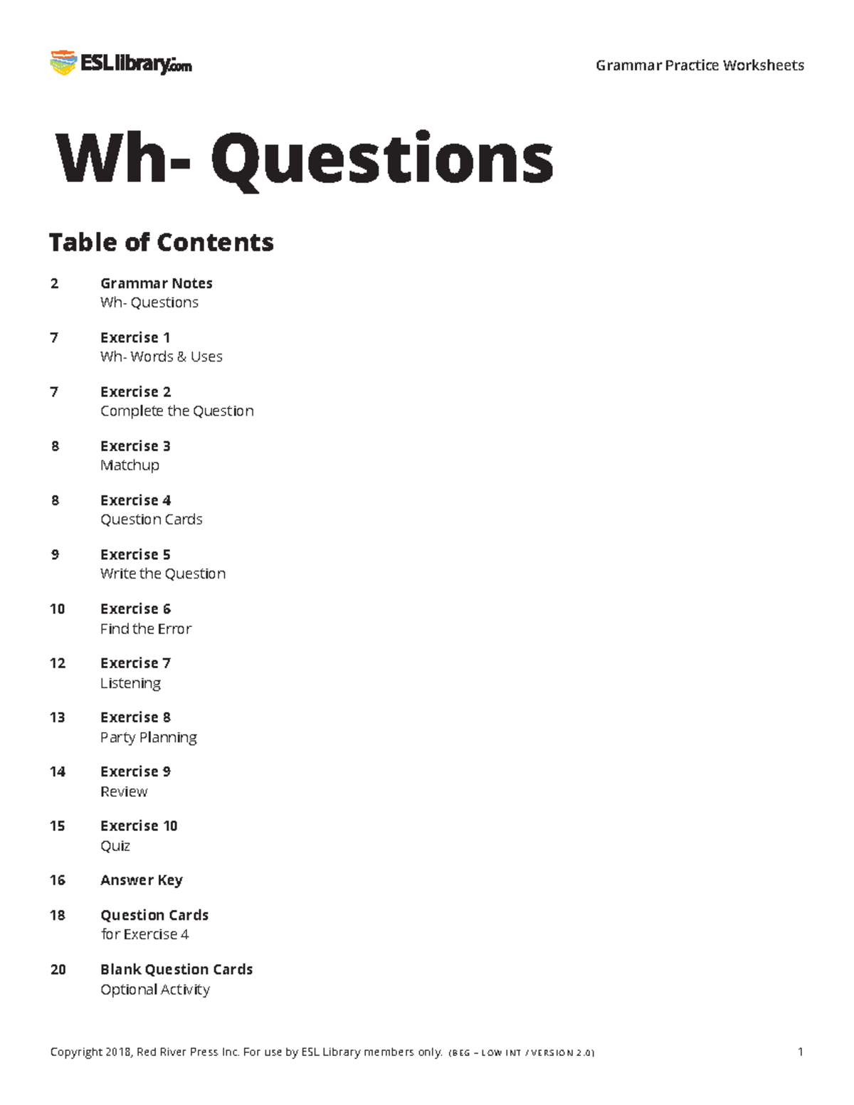 Wh- Questions ESL Library 2 - Grammar Practice Worksheets Wh- Questions ...