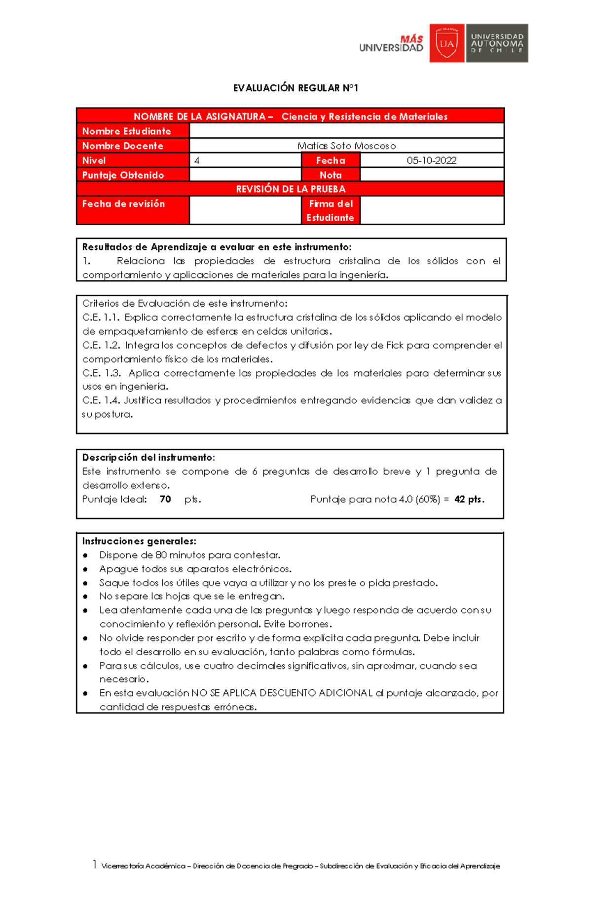 Pauta Evaluación Regular 1 Cs Res Mat 2-2022.docx - EVALUACIÓN REGULAR N° NOMBRE DE LA ...