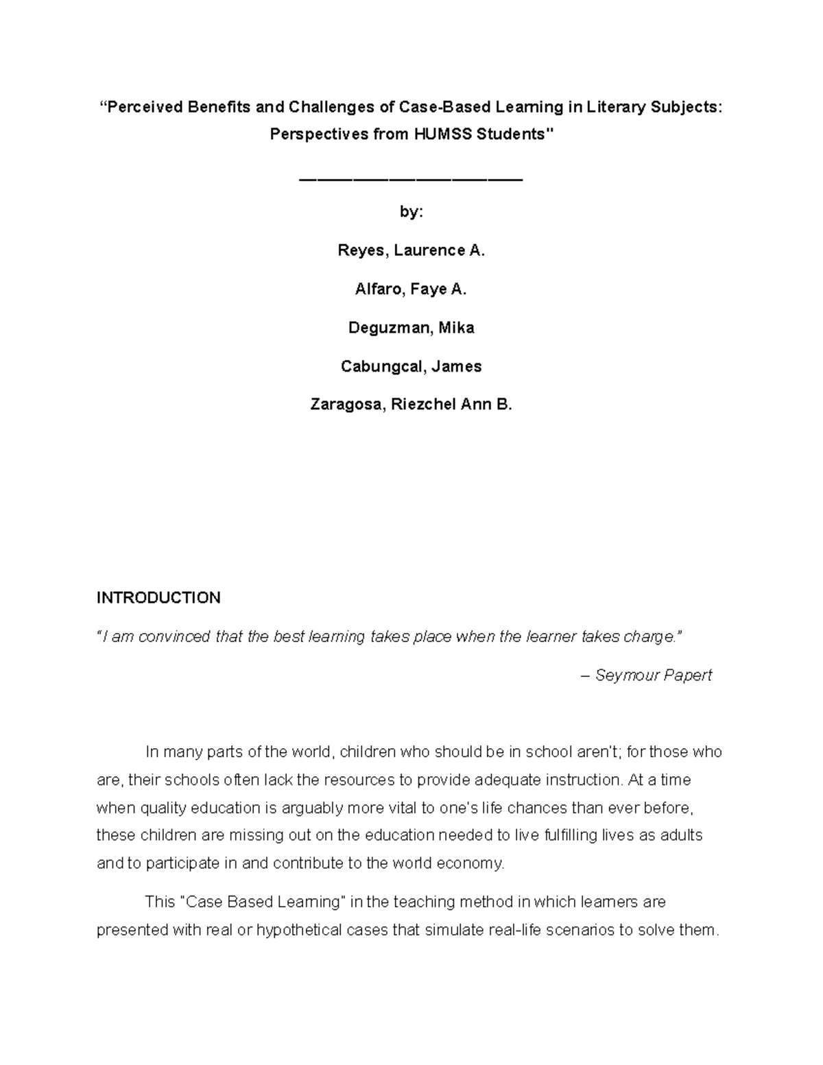 PR1 Chapter 1 Case Based Learning Final - “Perceived Benefits and ...