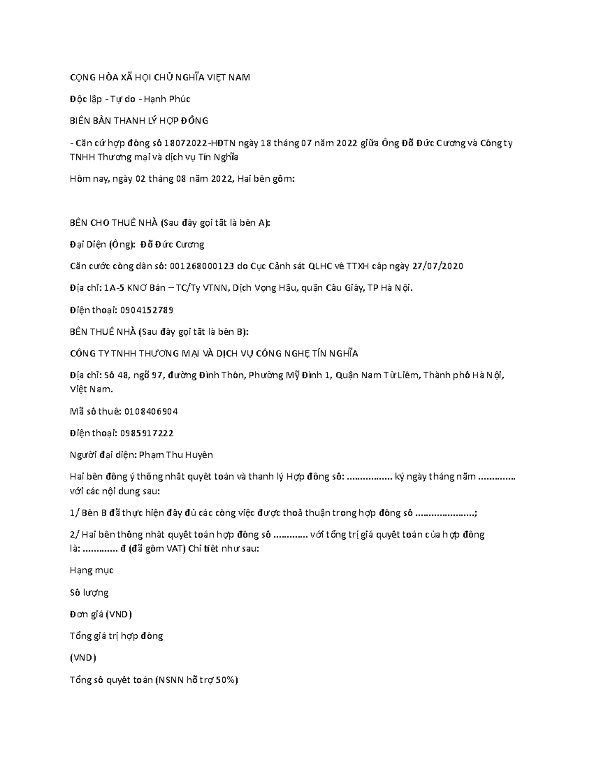 Quyết toán HĐ - Contract - C ỘNG HÒA XÃ H ỘI CH Ủ NGHĨA VI T NAMỆ Đ c l p - Tộ ậ ự do - H nh ...