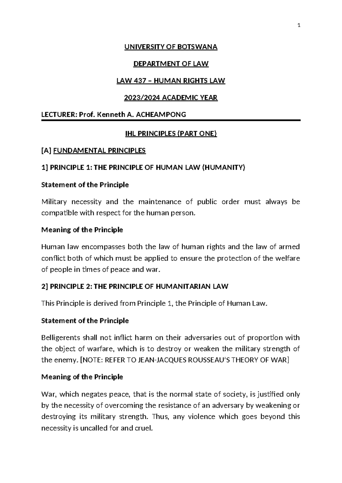 LAW 437 IHL Principles PART ONE - UNIVERSITY OF BOTSWANA DEPARTMENT OF ...