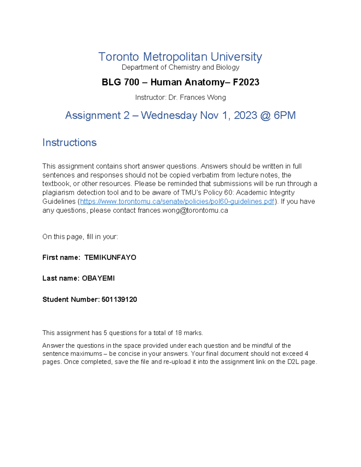 BLG700 Assignment 2 - blg - Toronto Metropolitan University Department ...