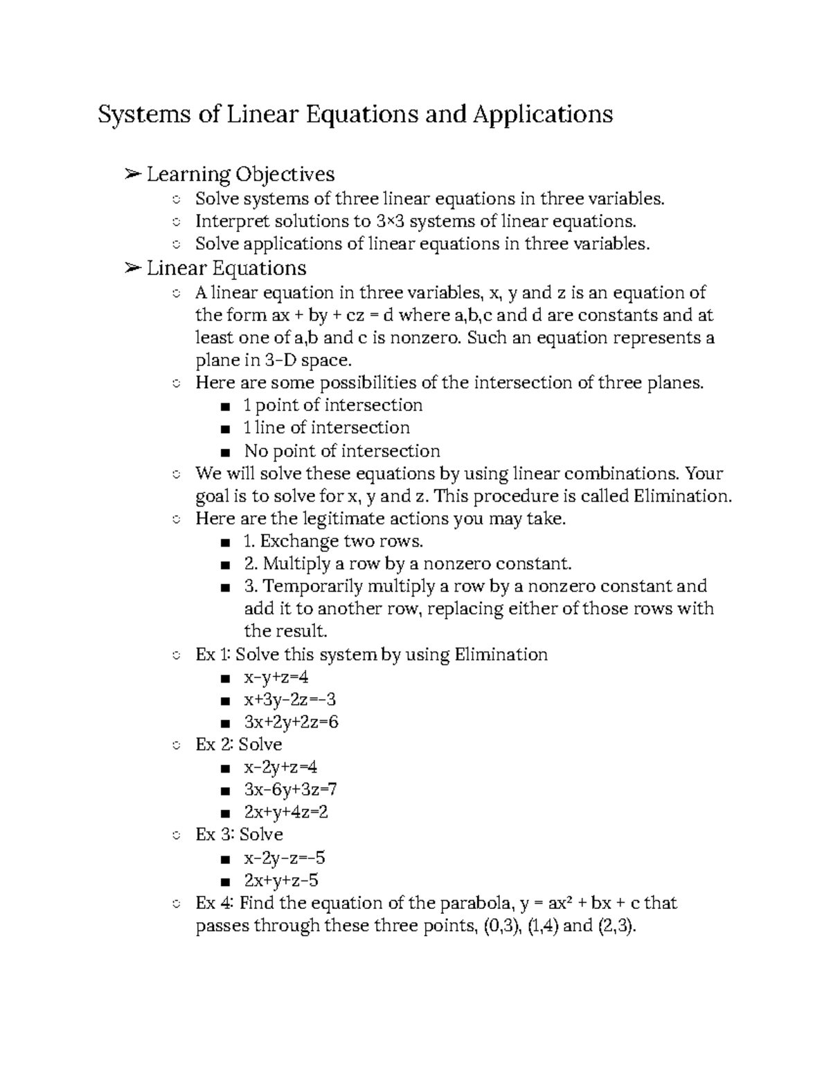 Math 1050 Lecture Notes Class 22 - Systems of Linear Equations and ...
