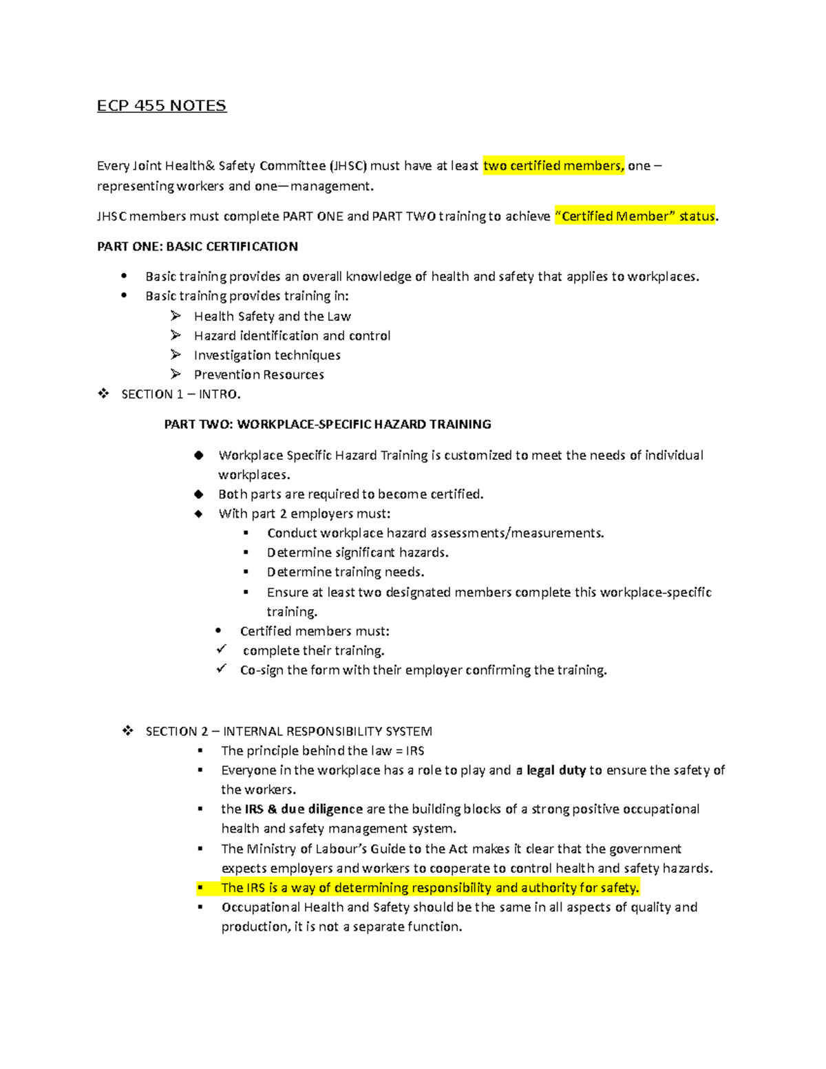 ECP Notes QUIZ - ECP 455 NOTES Every Joint Health& Safety Committee ...