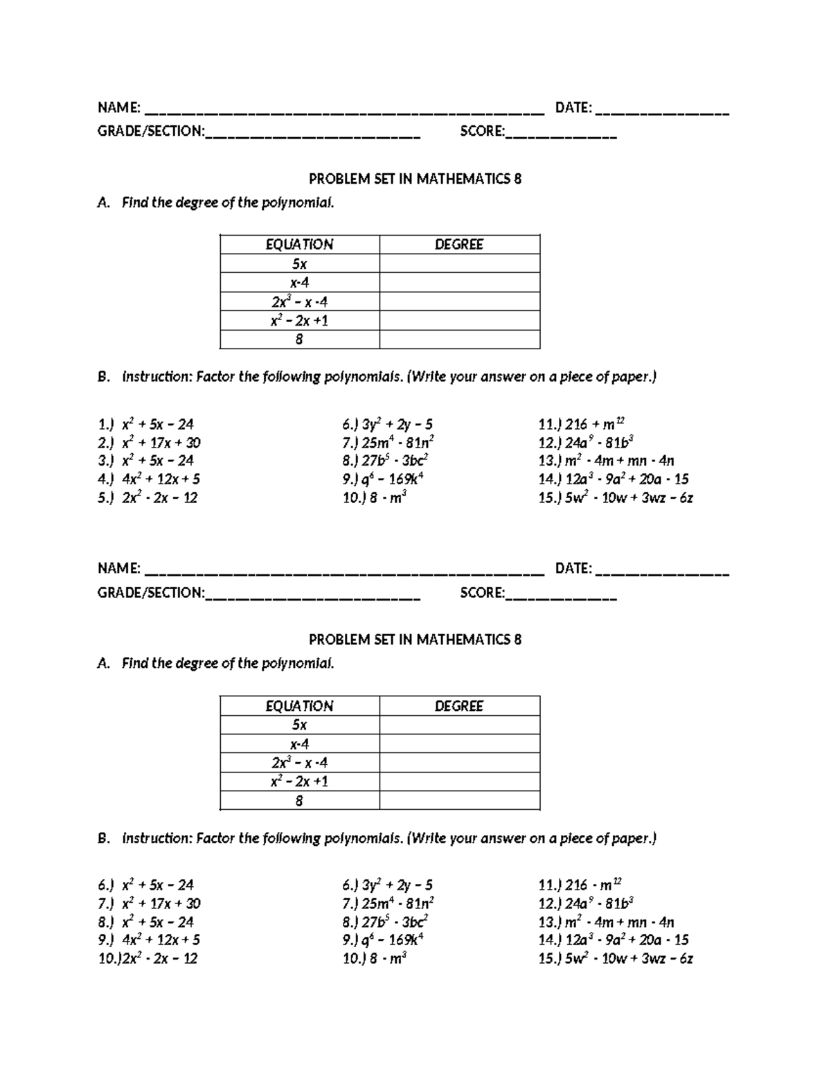18.) Problem SET - factoring polynomial - NAME: - Studocu