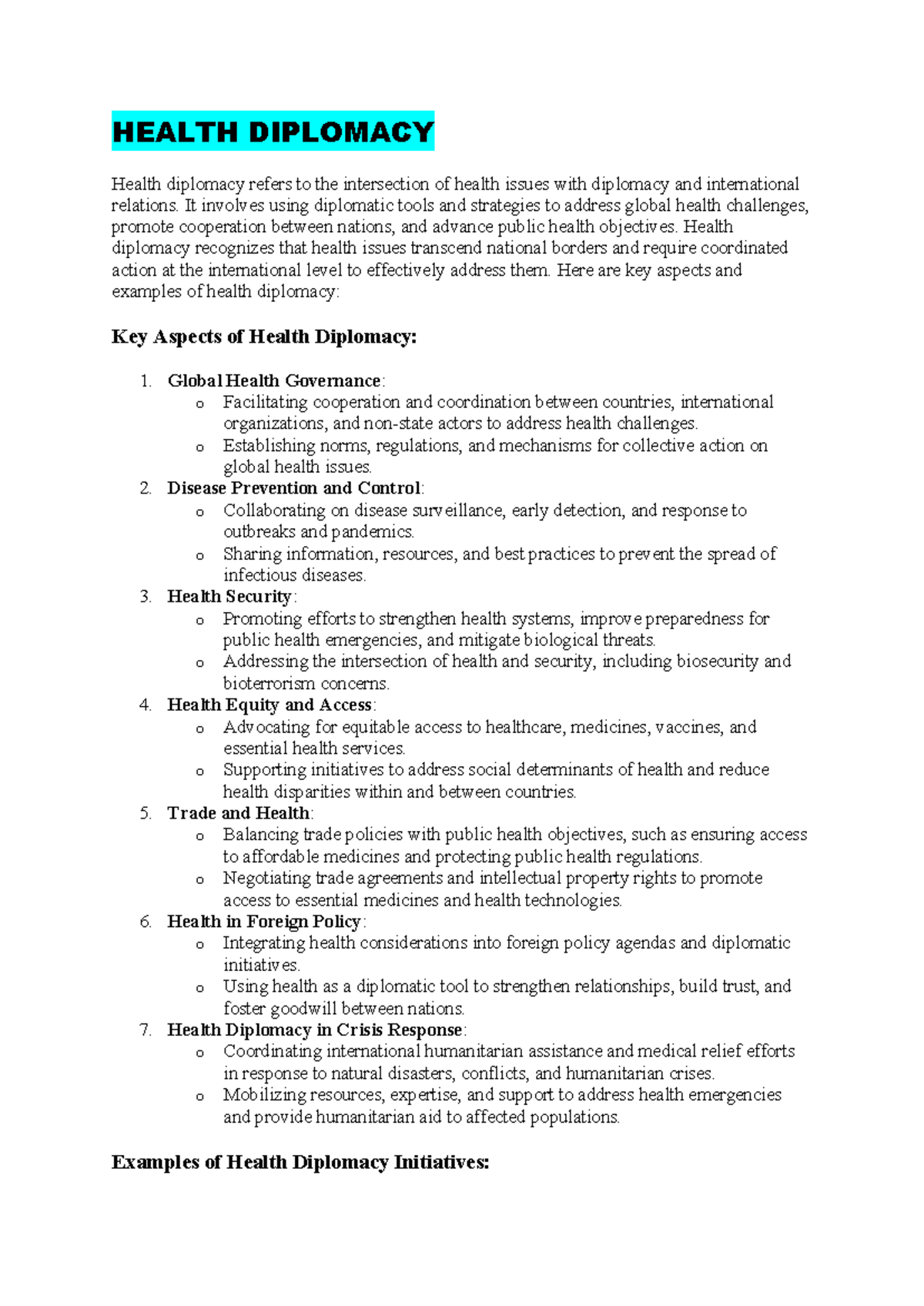 Health diplomacy - this document gives you assuarance of academic ...