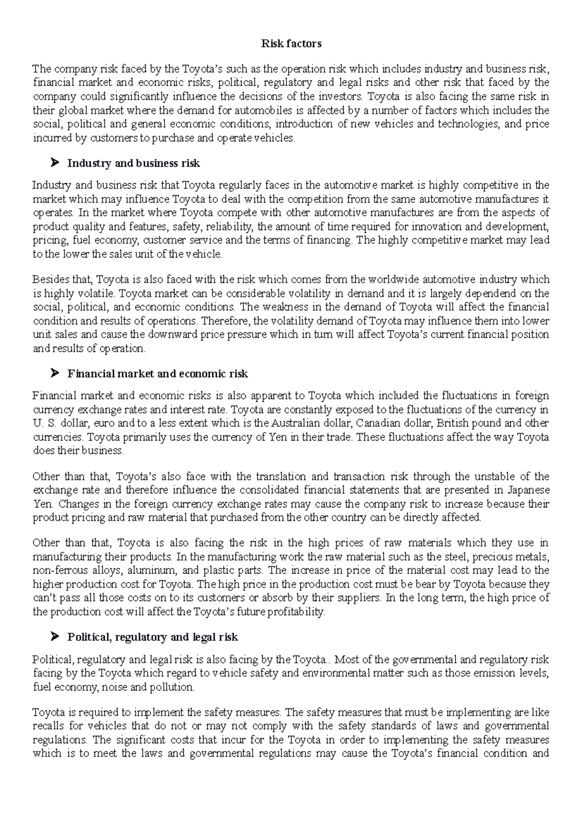 RIsk factors - Risk factors The company risk faced by the Toyota’s such ...