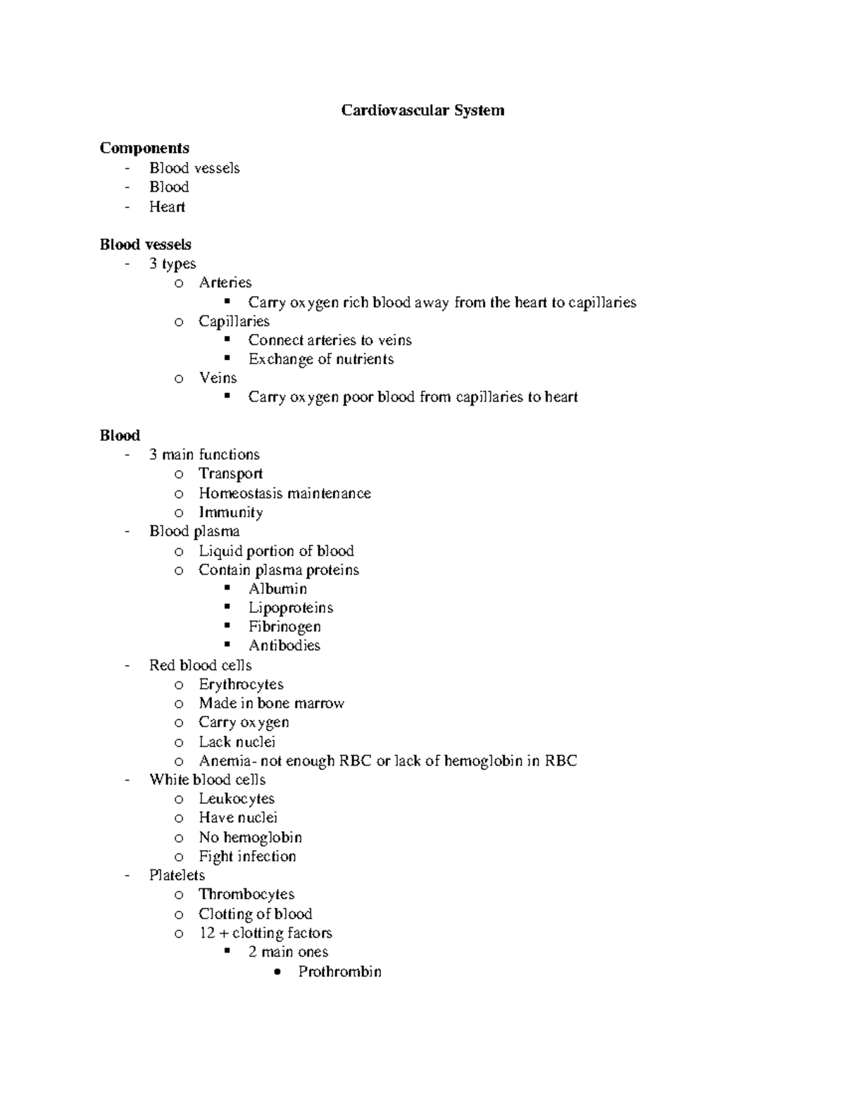 Cardiovascular System - Cardiovascular System Components Blood vessels ...