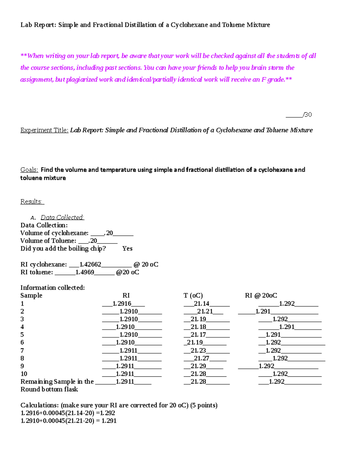 Lab Report Simple Distillation of a Mixture of Cyclohexane and Toluene ...