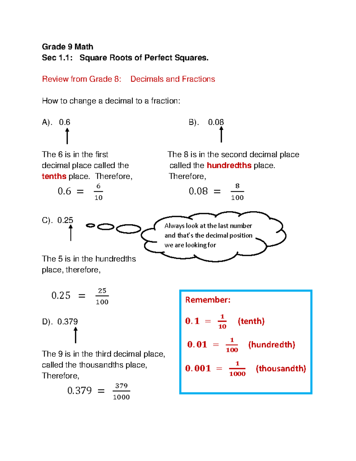 Grade 9- Unit 1 Notes - Grade 9 Math Sec 1: Square Roots of Perfect ...