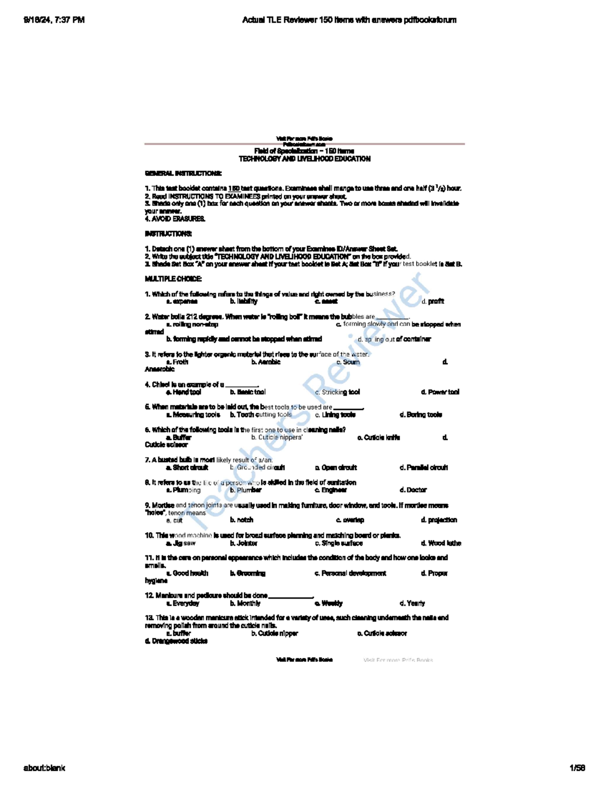TLE Questionnaire - 7:37 PM Actual TLE Reviewer 150 items with answers pdfbooksforum Visit For ...