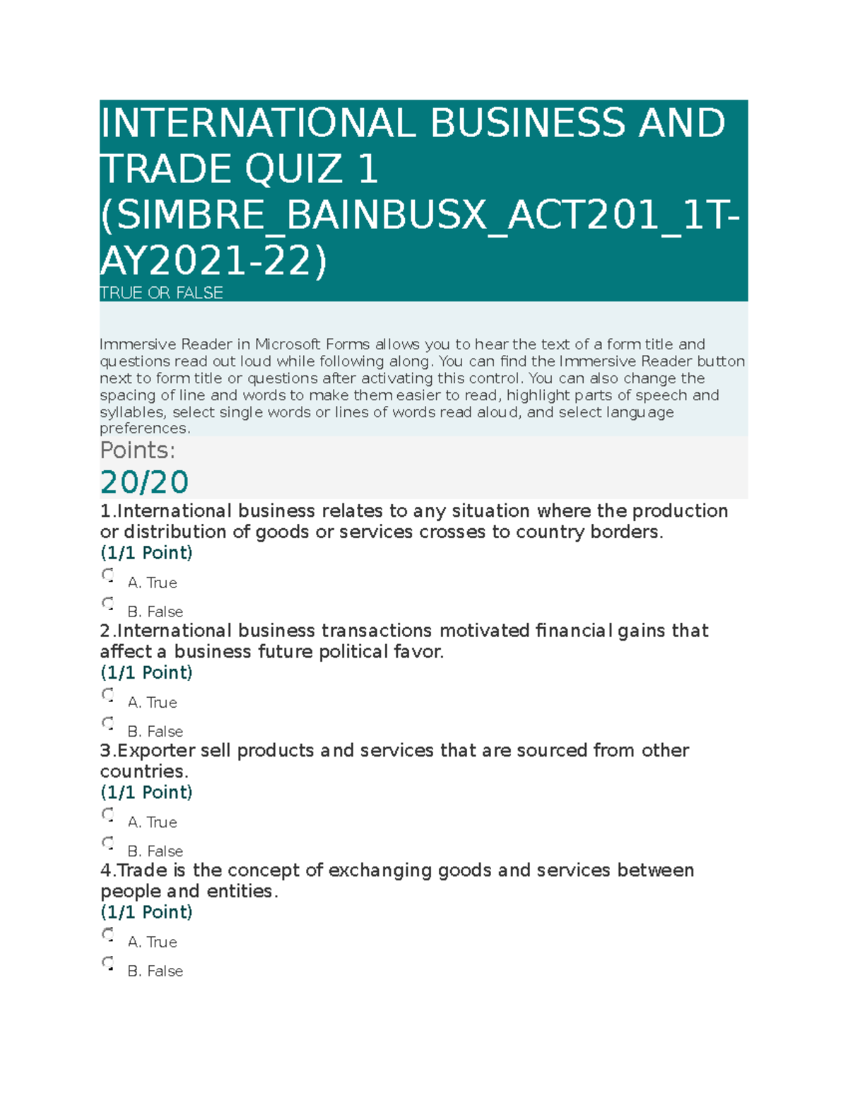 International Business AND Trade QUIZ 1 - INTERNATIONAL BUSINESS AND ...