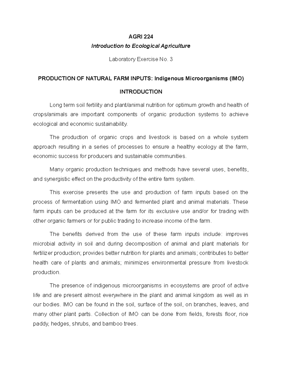 Production OF Natural FARM Inputs - AGRI 224 Introduction to Ecological ...