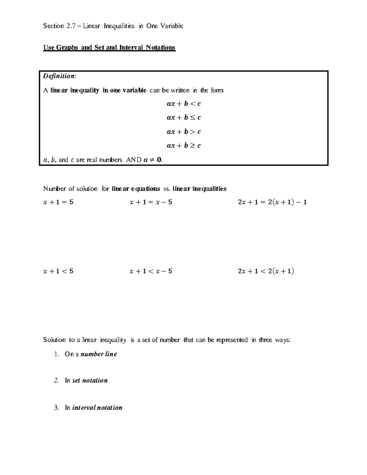 Section 2.7 - Linear Inequalities in One Variable - Use Graphs and Set ...