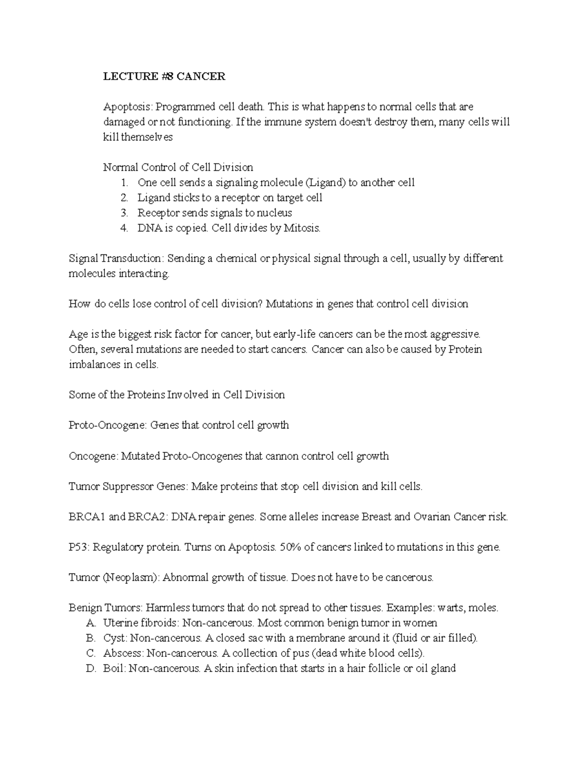 Biol 1102 study guide 8 - LECTURE #8 CANCER Apoptosis: Programmed cell ...