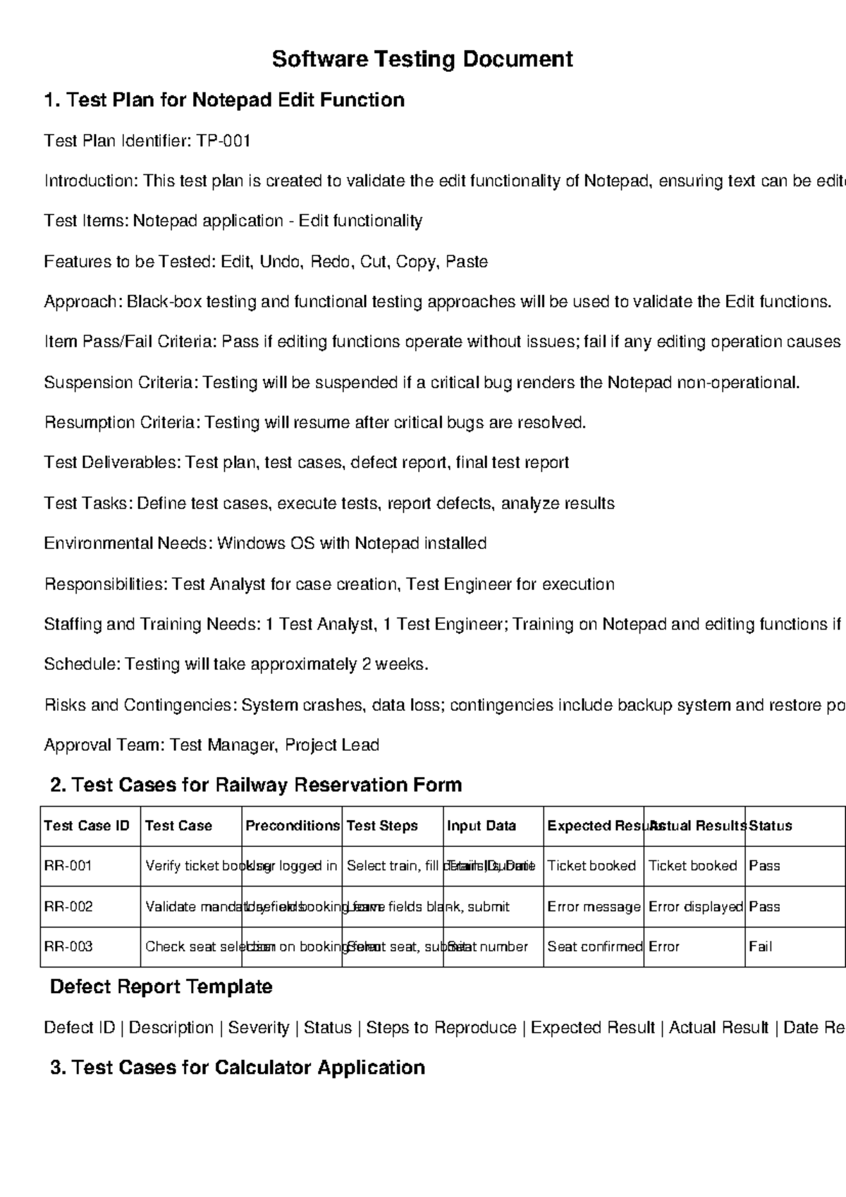 Software Testing Document - Test Plan for Notepad Edit Function Test ...