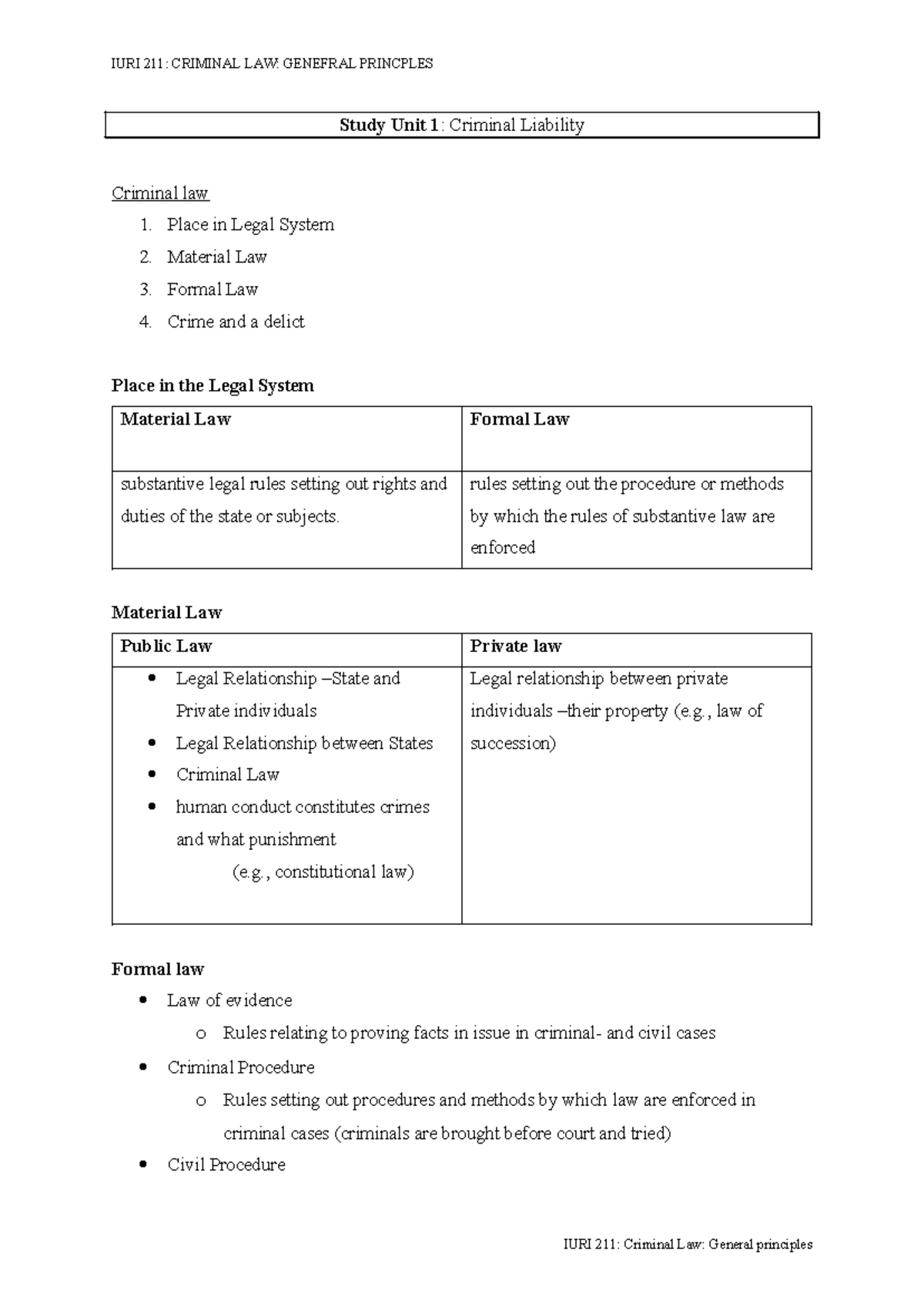 Study Unit 1 IURI 211 - Study Unit 1: Criminal Liability Criminal law 1 ...