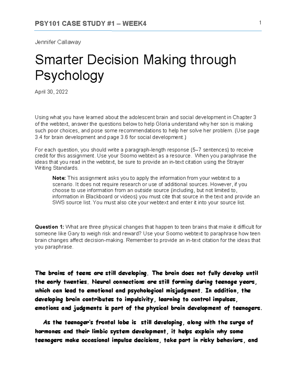 PSY101 Week4 Case Study 1 Template - Jennifer Callaway Smarter Decision ...