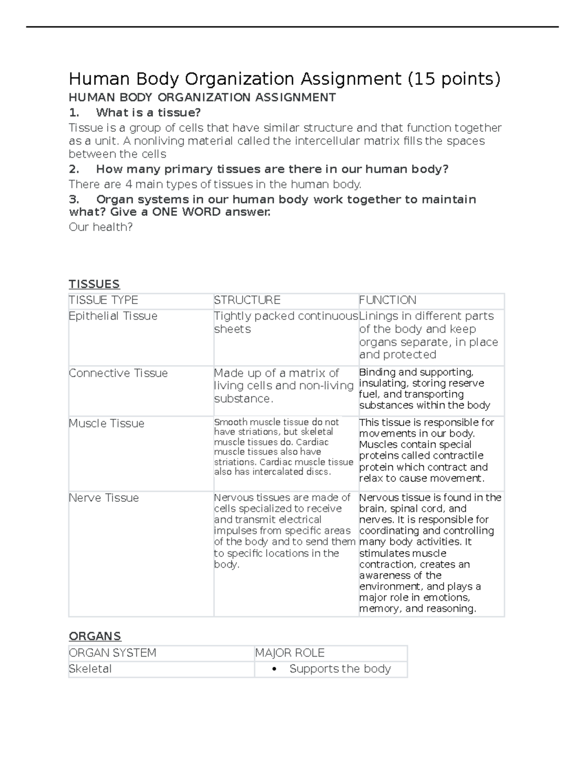Human Body Organization Assignment (Biology) - Human Body Organization ...