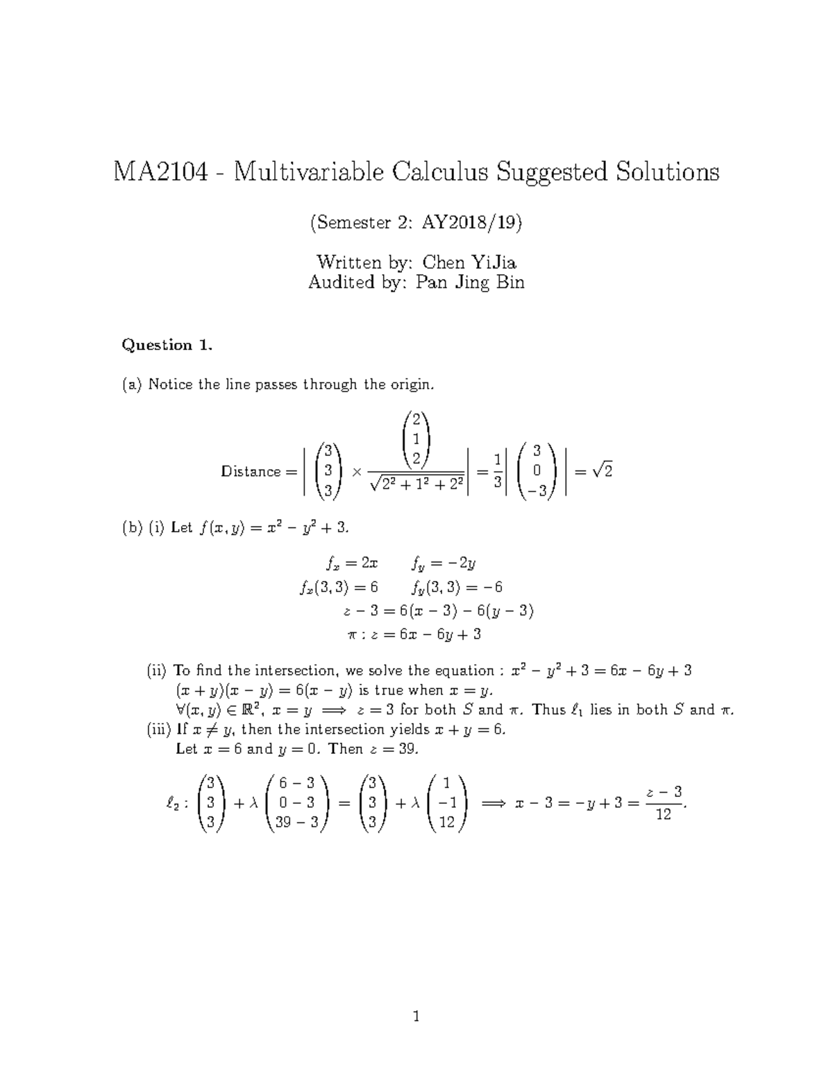 MA2104 1819 sem2 Solutions - MA2104 - Multivariable Calculus Suggested Solutions (Semester 2 ...
