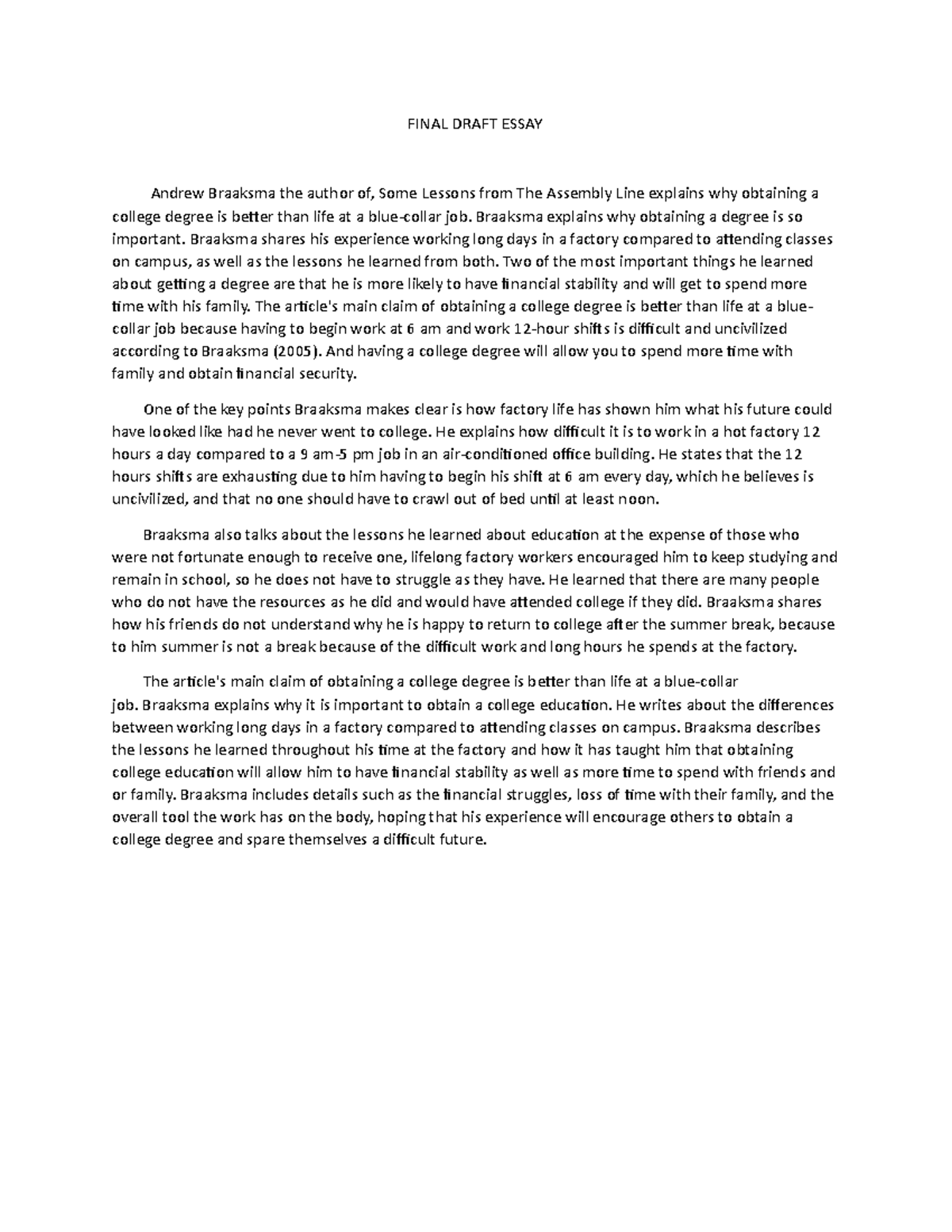 Final Draft Essay ENG 122 - FINAL DRAFT ESSAY Andrew Braaksma the ...