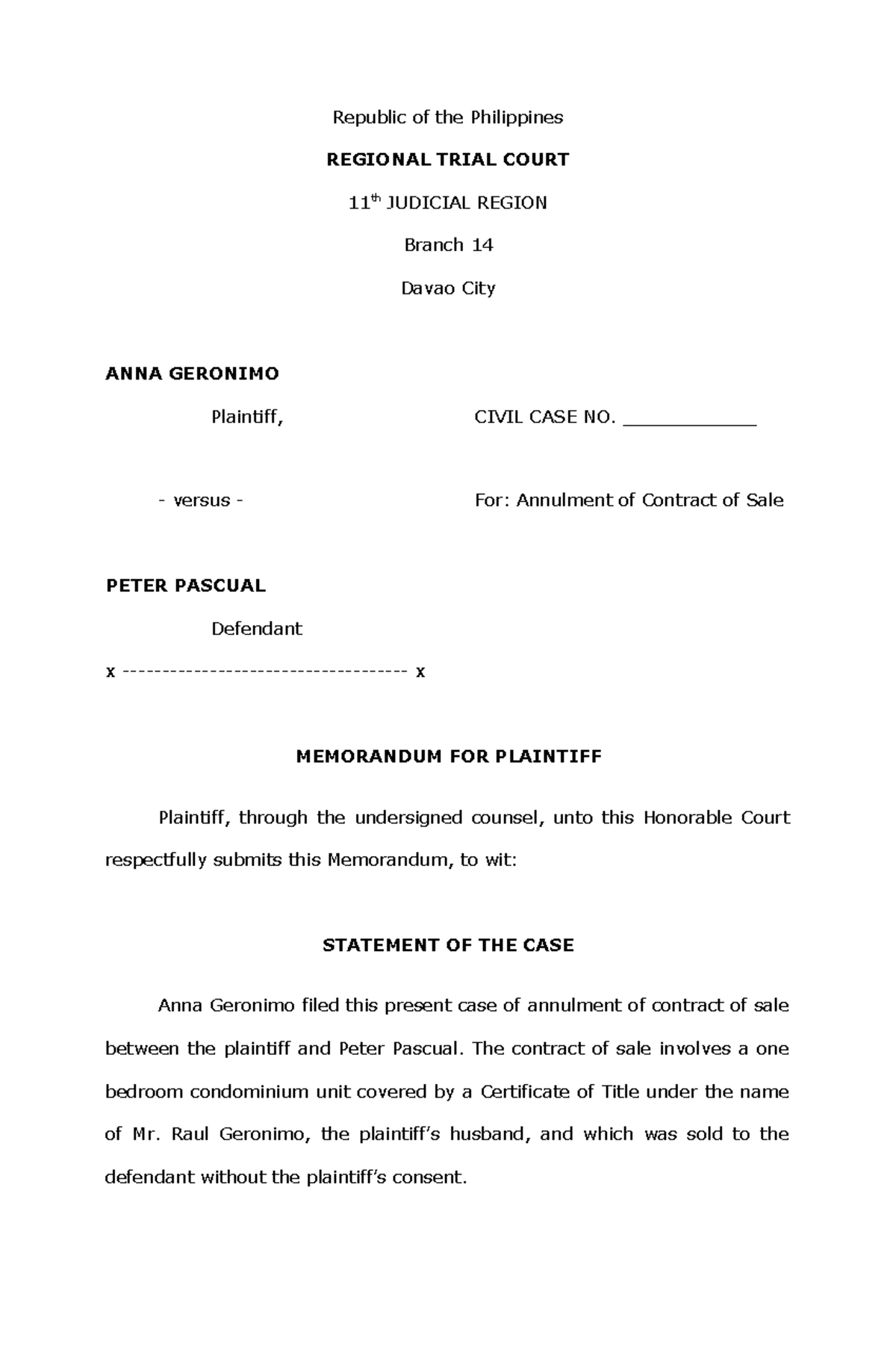 234701567 Adv Legal Writing Legal Memorandum - Republic of the ...