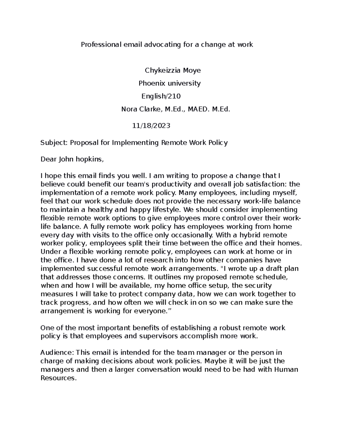 Professional email advocating for a change at work - , MAED. M. 11/18 ...