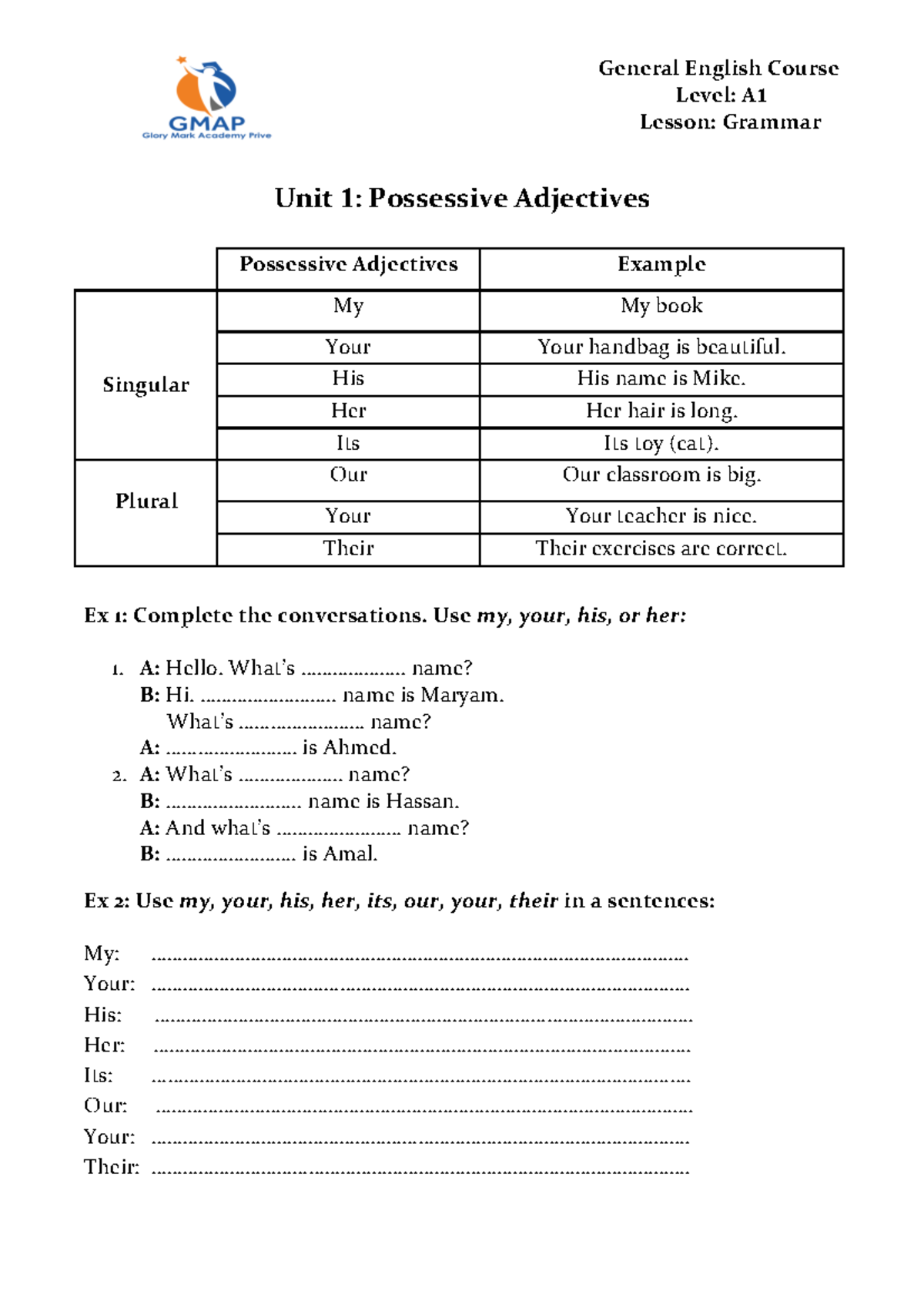 Unit 1 - 2. Possessive Adjectives - General English Course Level: A 1 ...