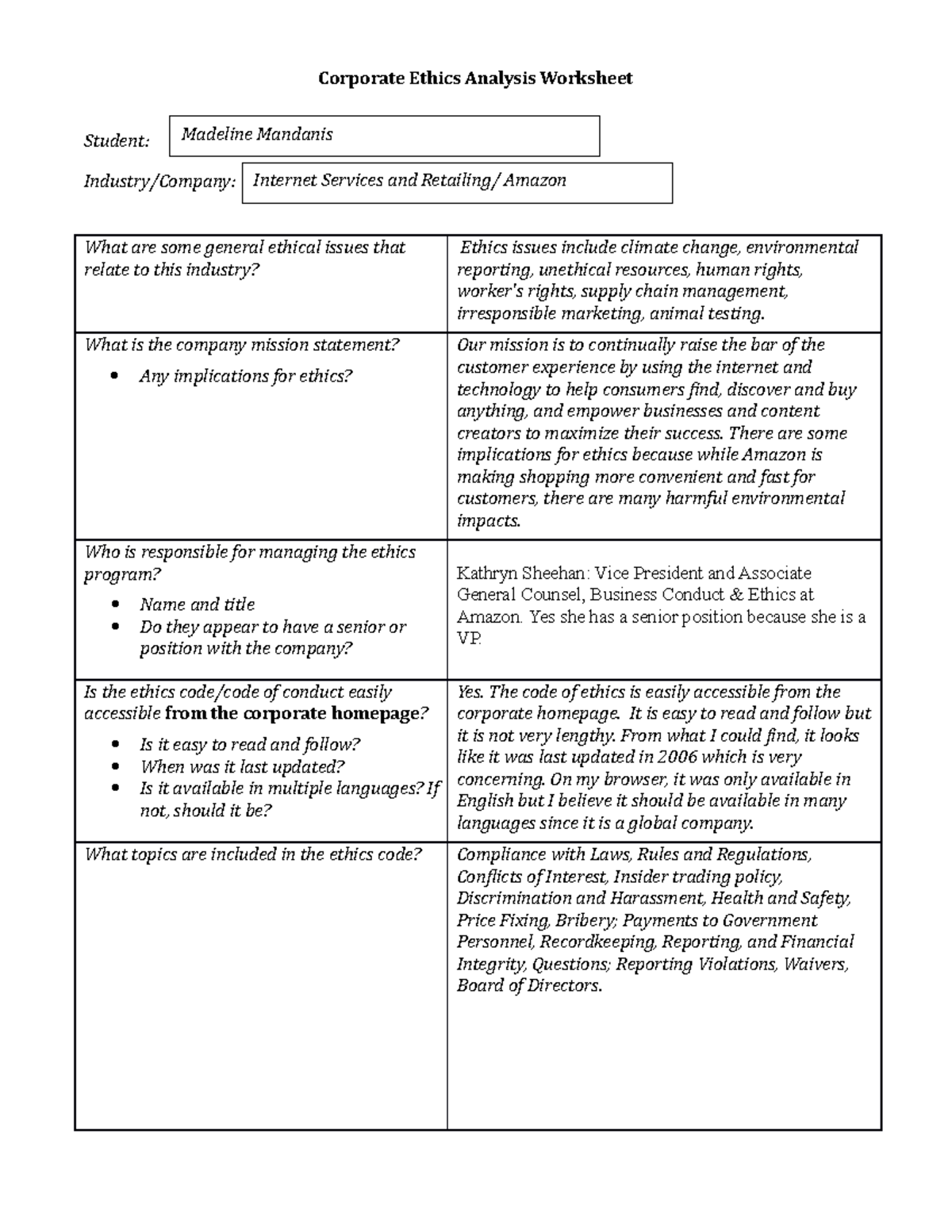 Business and Society Worksheet 2 - Corporate Ethics Analysis Worksheet ...