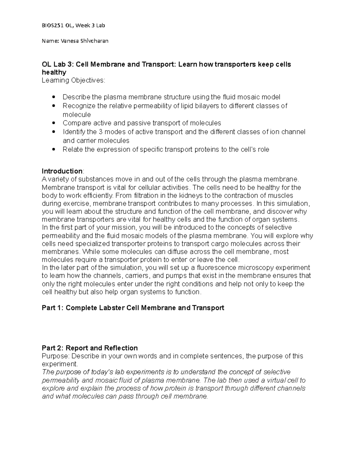 Lab 3 cell - case study - Name: Vanesa Shivcharan OL Lab 3: Cell Membrane and Transport: Learn ...