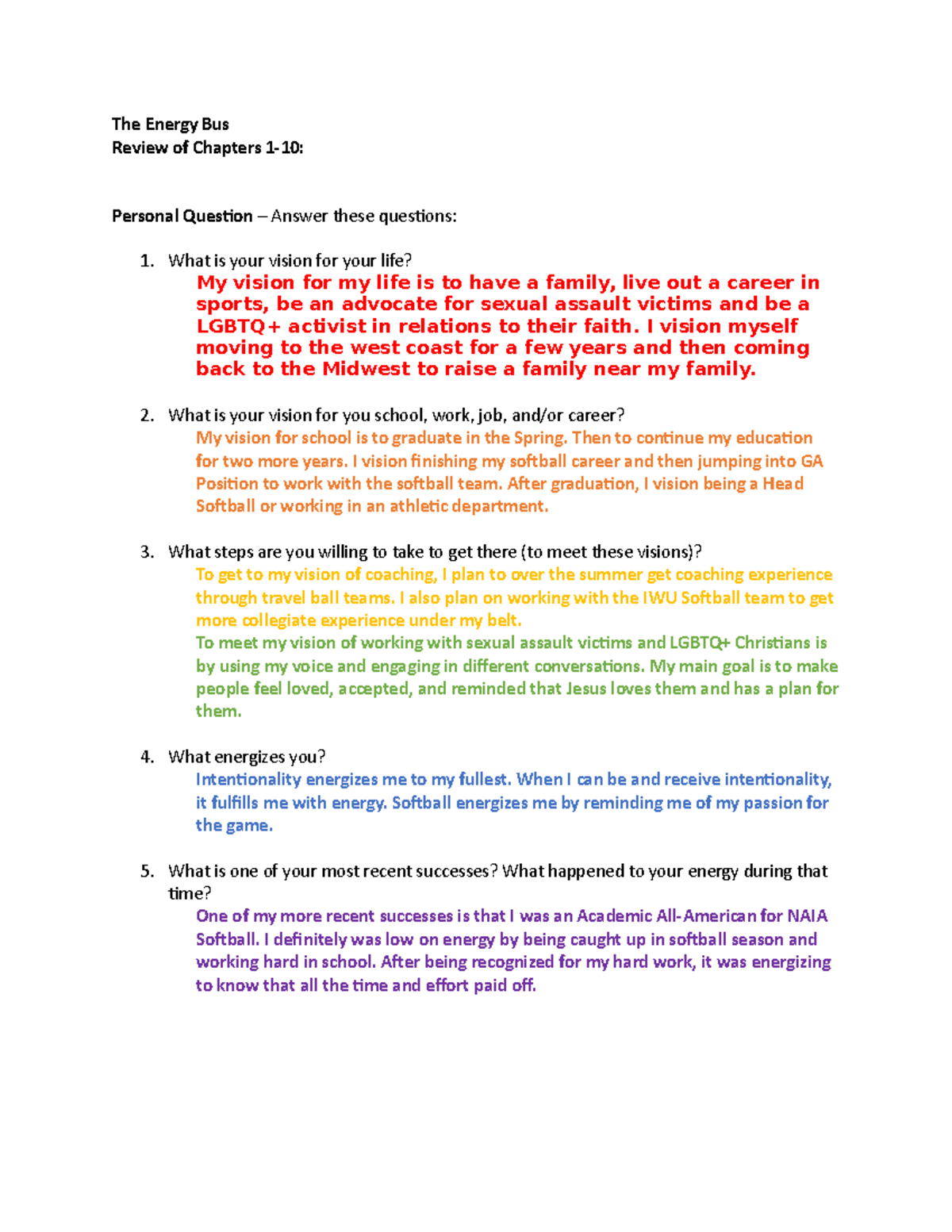 The Energy Bus Questionnaire Chapters 1-10 - The Energy Bus Review of ...