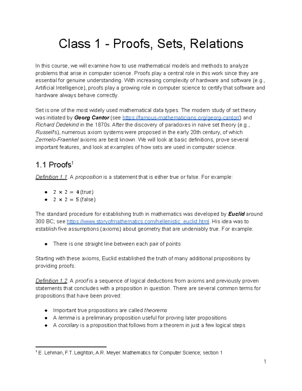 Class 01 - Proofs, Sets, Relations - Class 1 - Proofs, Sets, Relations ...