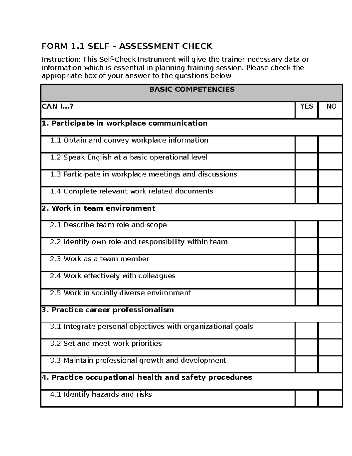 FORM 1.1 SELF- Assessment Check - Copy - FORM 1 SELF – ASSESSMENT CHECK Instruction: This Self ...