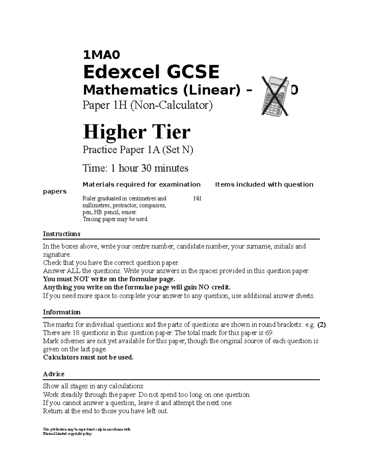 1. Higher Tier - A to Astar (1A) - 1MA Edexcel GCSE Mathematics (Linear ...