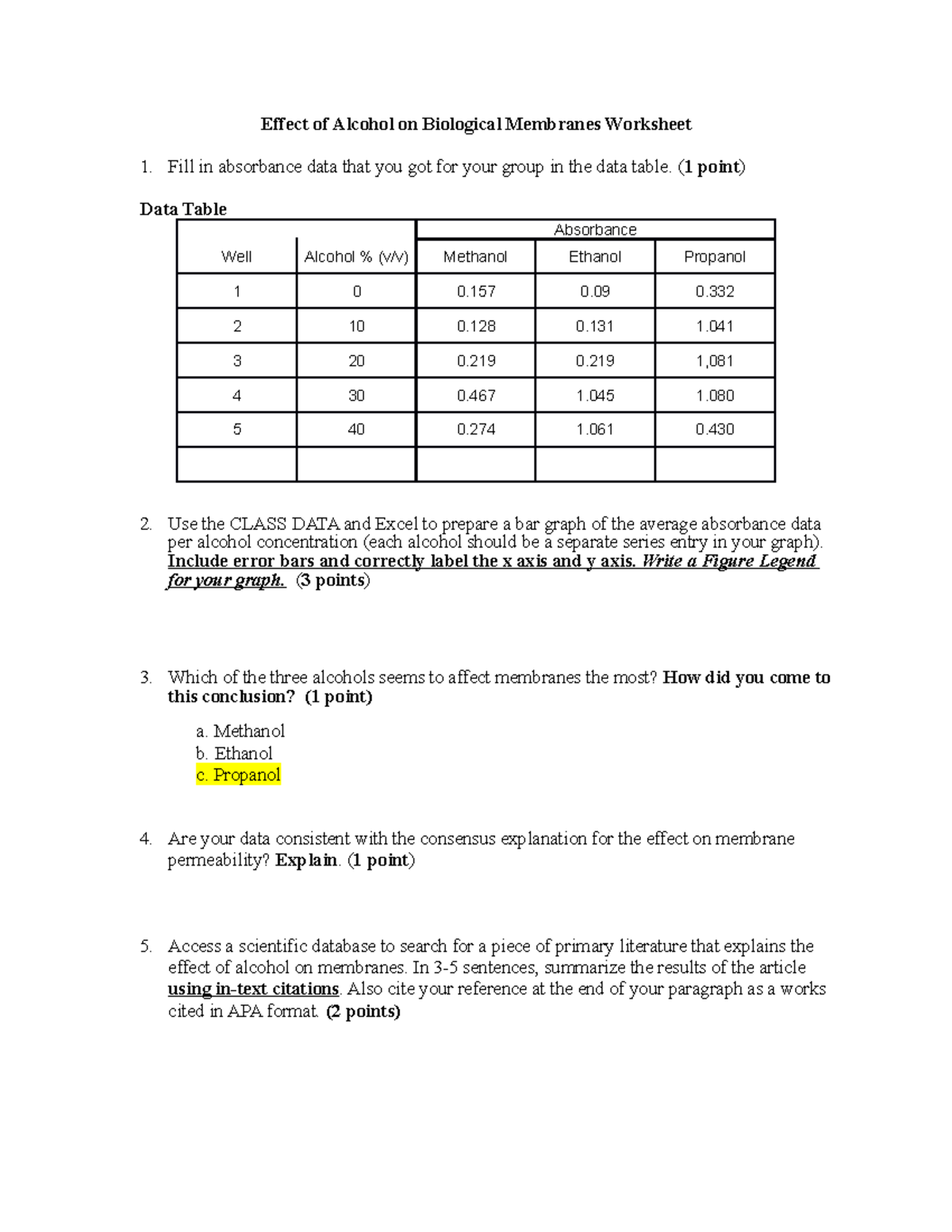 Effect of Alcohols on Membranes Worksheet-2 - Effect of Alcohol on ...