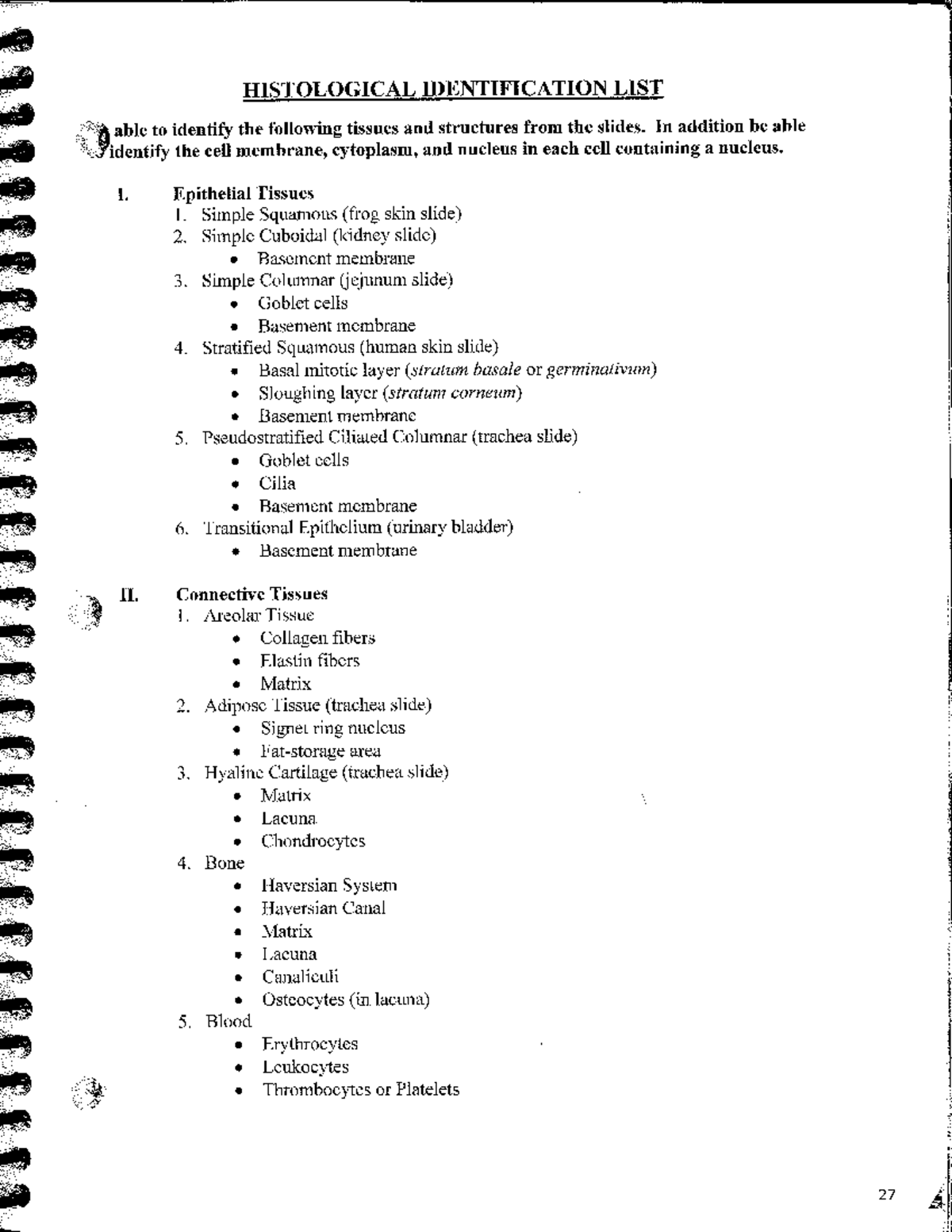 Tissue Identification List - BSC 2085C - UNF - Studocu