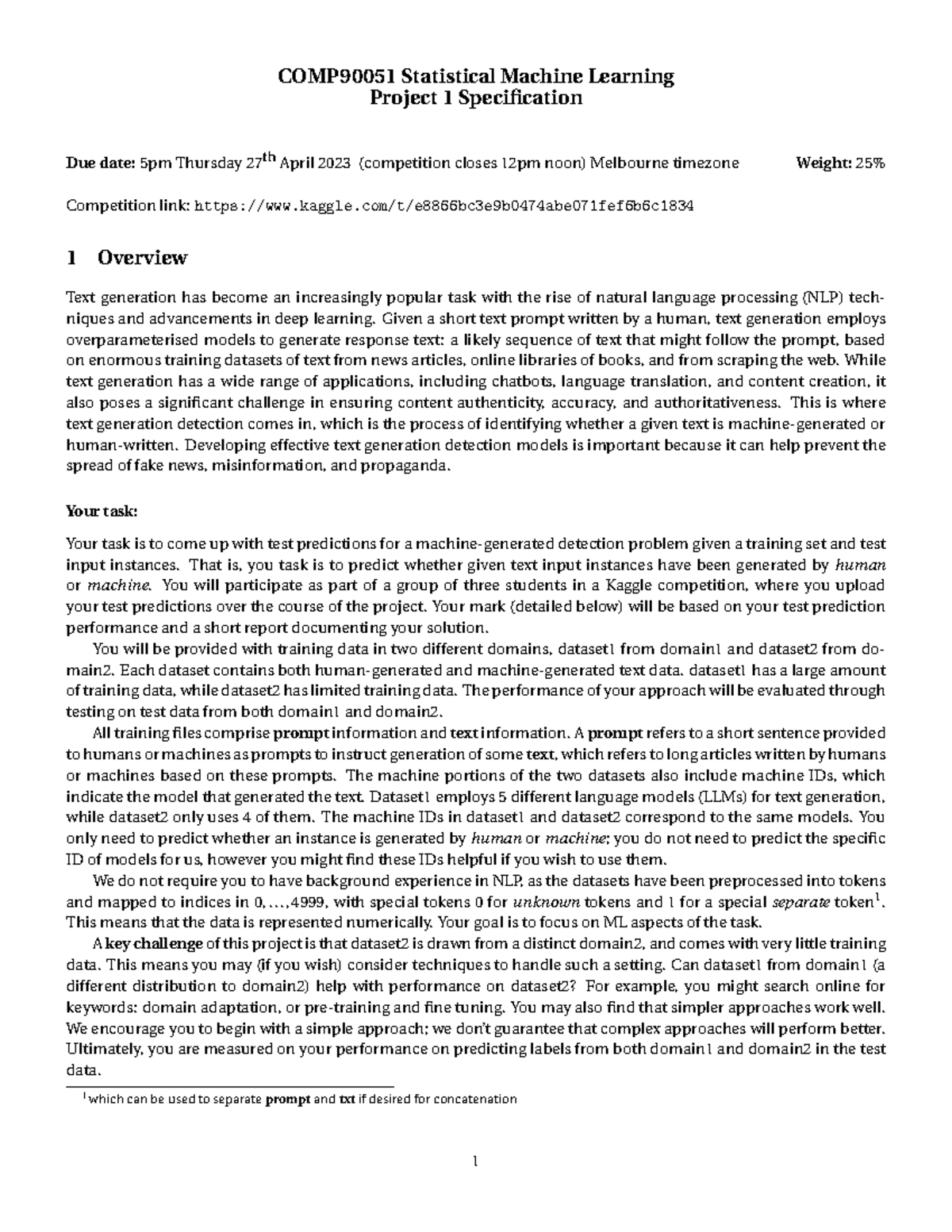 Proj1-spec-v1 - assignment 1 - COMP90051 Statistical Machine Learning Project 1 Specification ...