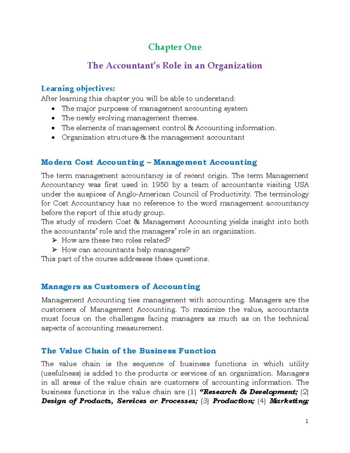 ACost & Mgt Acct , Handout - Chapter One The Accountant’s Role in an ...