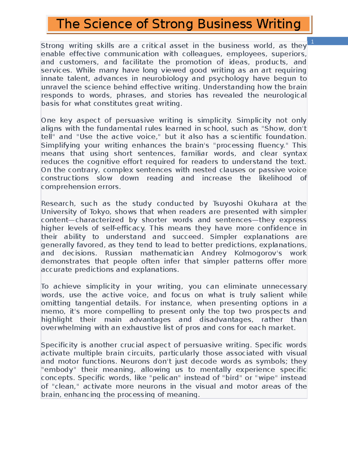 Strong writing skills are a critical asset in the business world Draft ...