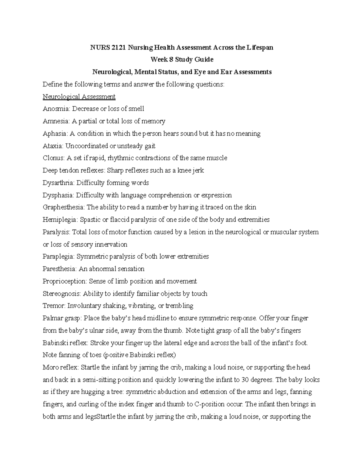 Lab study guide 8 - NURS 2121 Nursing Health Assessment Across the ...